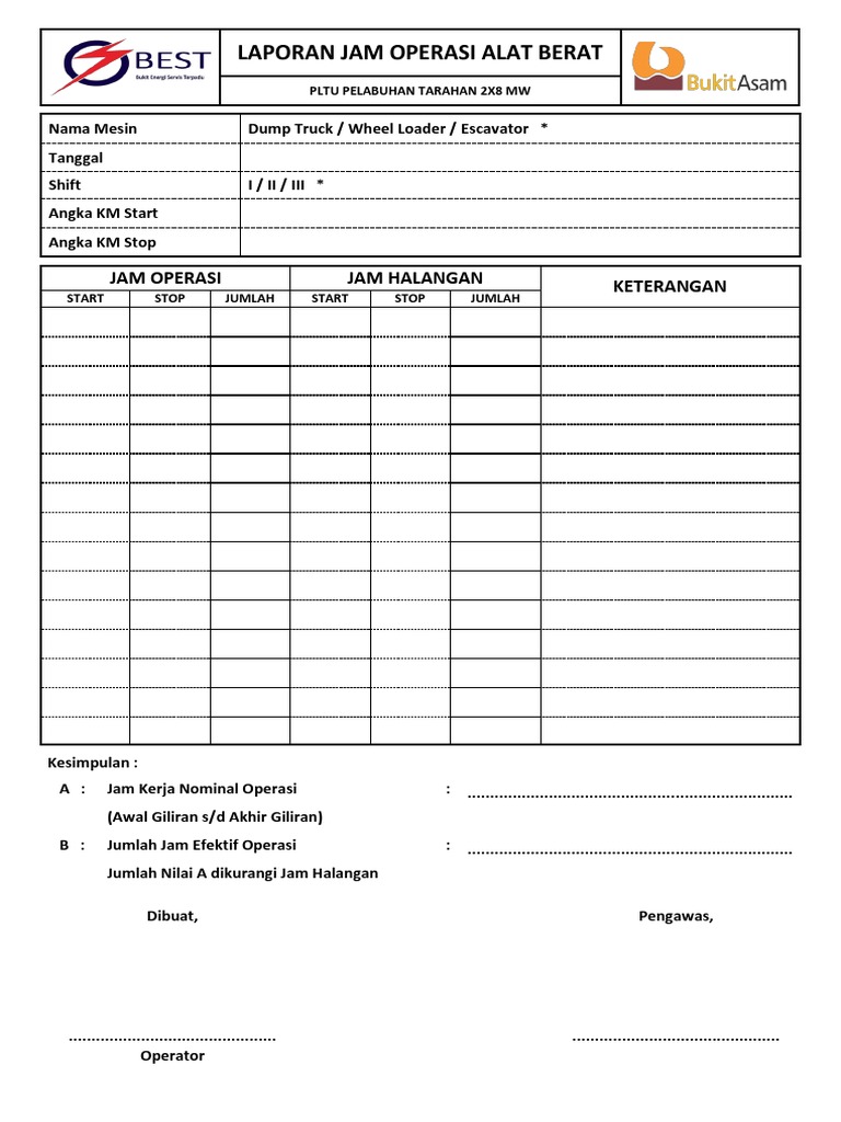 Laporan Jam Operasi Alat Berat | PDF