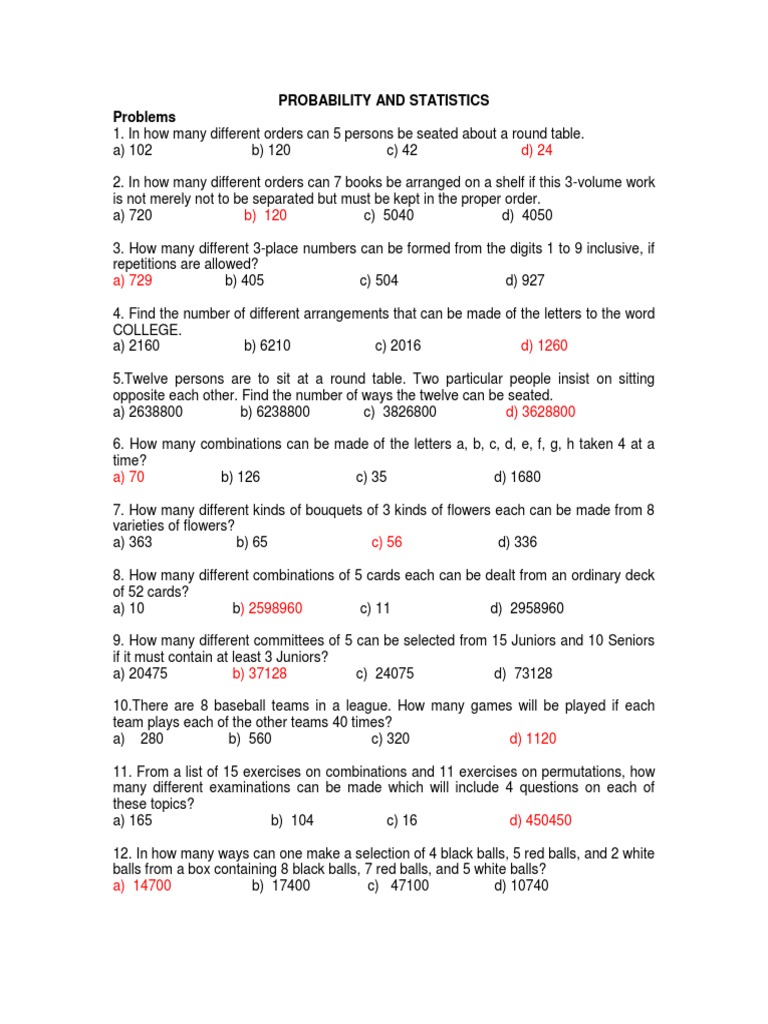 Problems Quiz PROB and STAT CHE With Answer Key | PDF | Playing Cards | Gaming