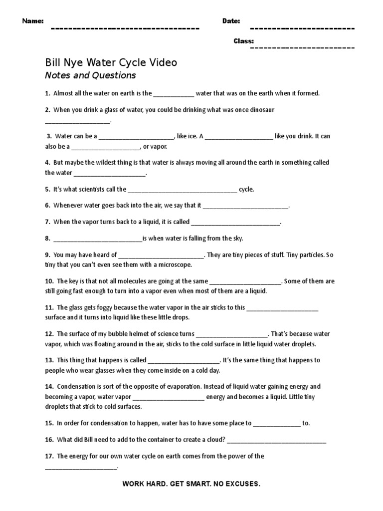 Bill Nye Water Cycle Ws With Blanks | PDF | Water Vapor | Water Cycle