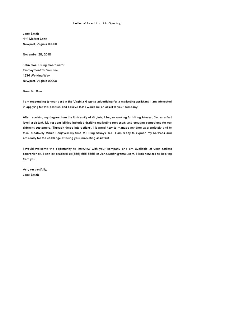 Editable Letter of Intent For A Job Opening | PDF | Business | Marketing
