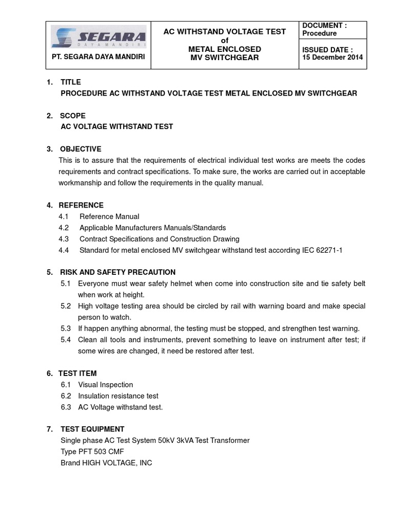 Procedure of Metal Enclosed MV Switchgear Withstand Test | PDF ...