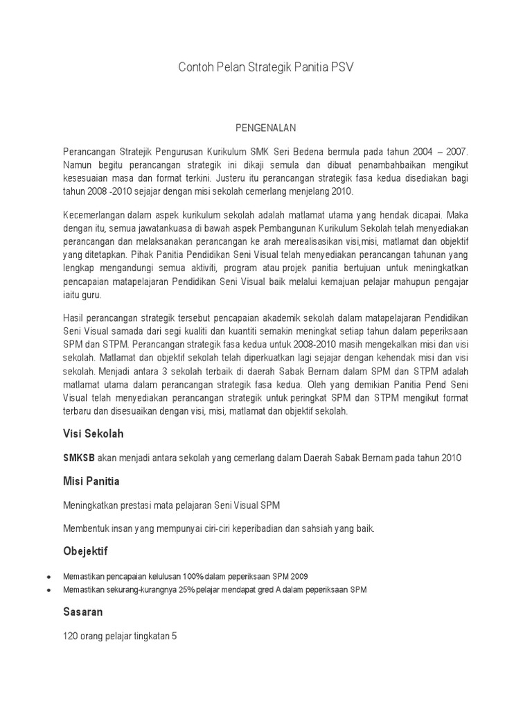 Contoh Pelan Strategik Panitia PSV | PDF