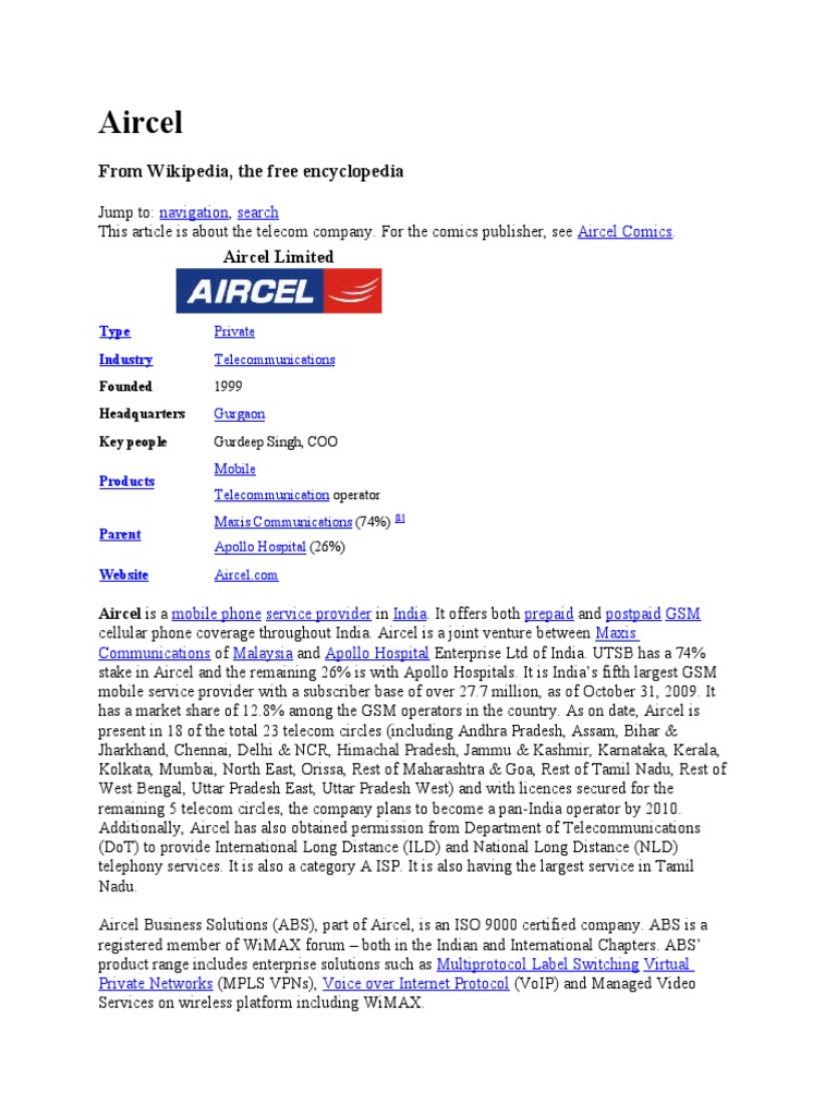 Aircel: From Wikipedia, The Free Encyclopedia | PDF | Service ...