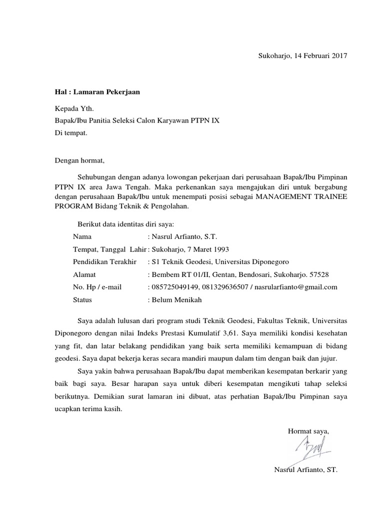 Surat Lamaran PTPN Ix | PDF | Karier & Perkembangan