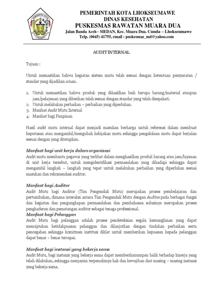 Tujuan Audit Mutu Internal Puskesmas | PDF | Karier & Perkembangan | Pengelolaan Keuangan & Uang
