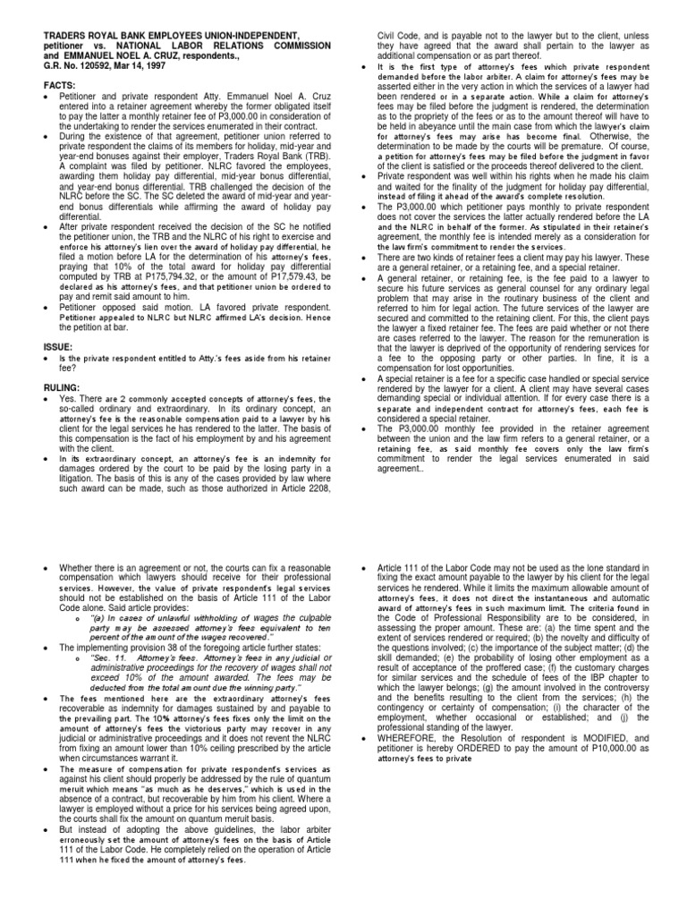 Traders Royal Bank Employees Union v. NLRC | PDF | Attorney's Fee | Lawyer