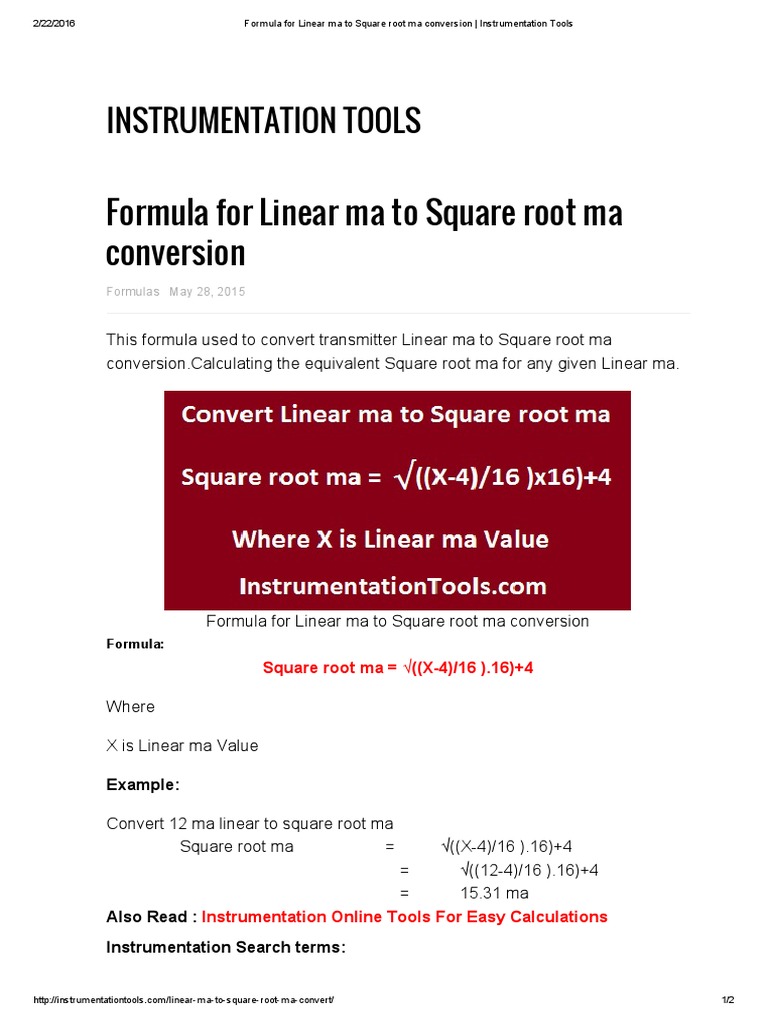 Formula For Linear Ma To Square Root Ma Conversion | PDF