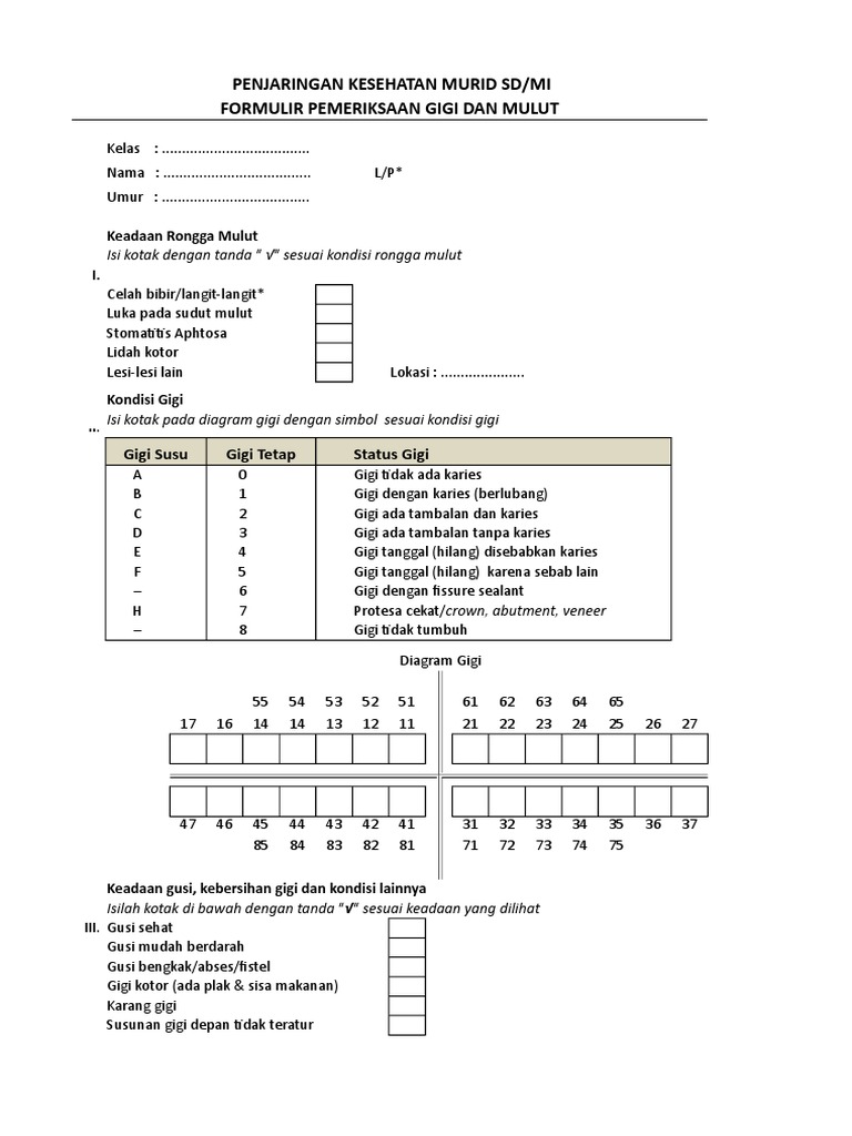 Form Pemeriksaan Gigi Penjaringan | PDF