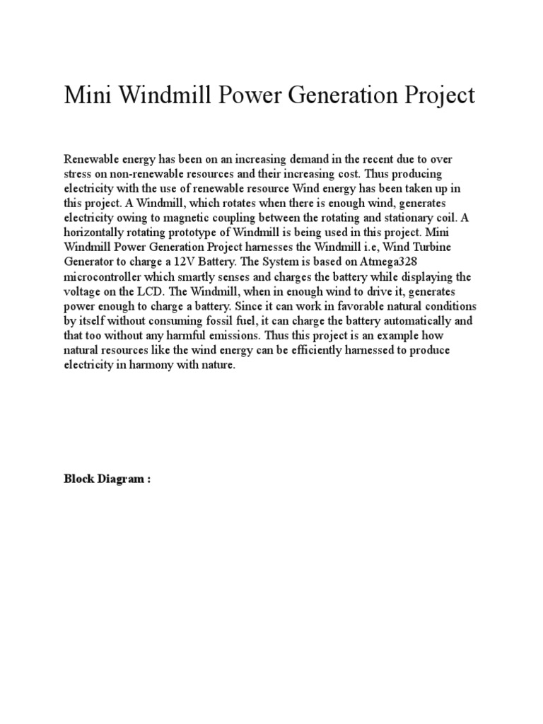Mini Windmill Power Generation Project: Block Diagram | PDF