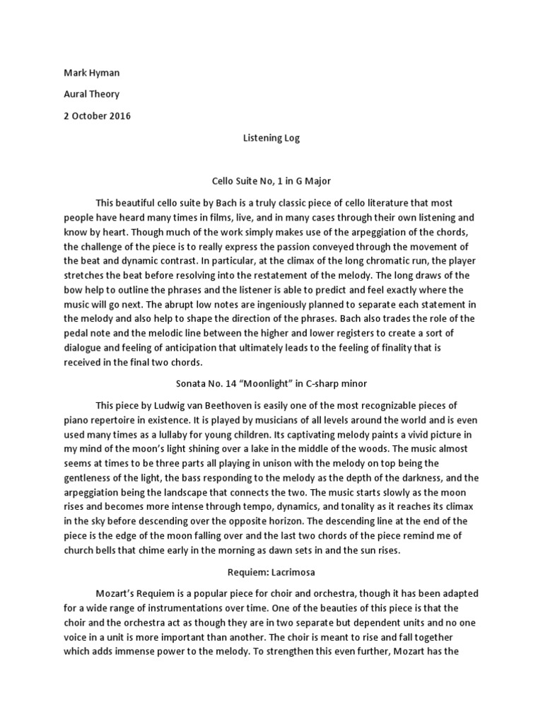 Listening Log #1 | Download Free PDF | Choir | Cello