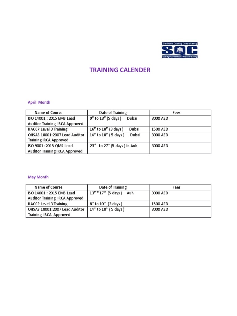 Training Calander | PDF