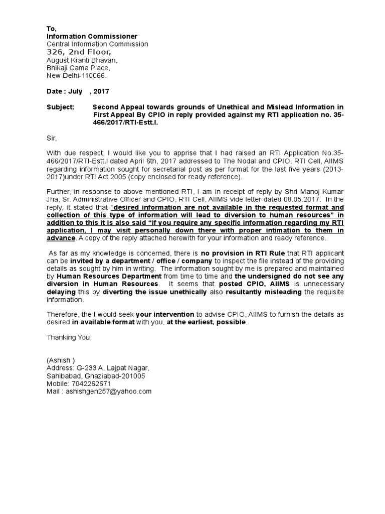 Letter To CIc AIIMS | PDF | Government | Government Information