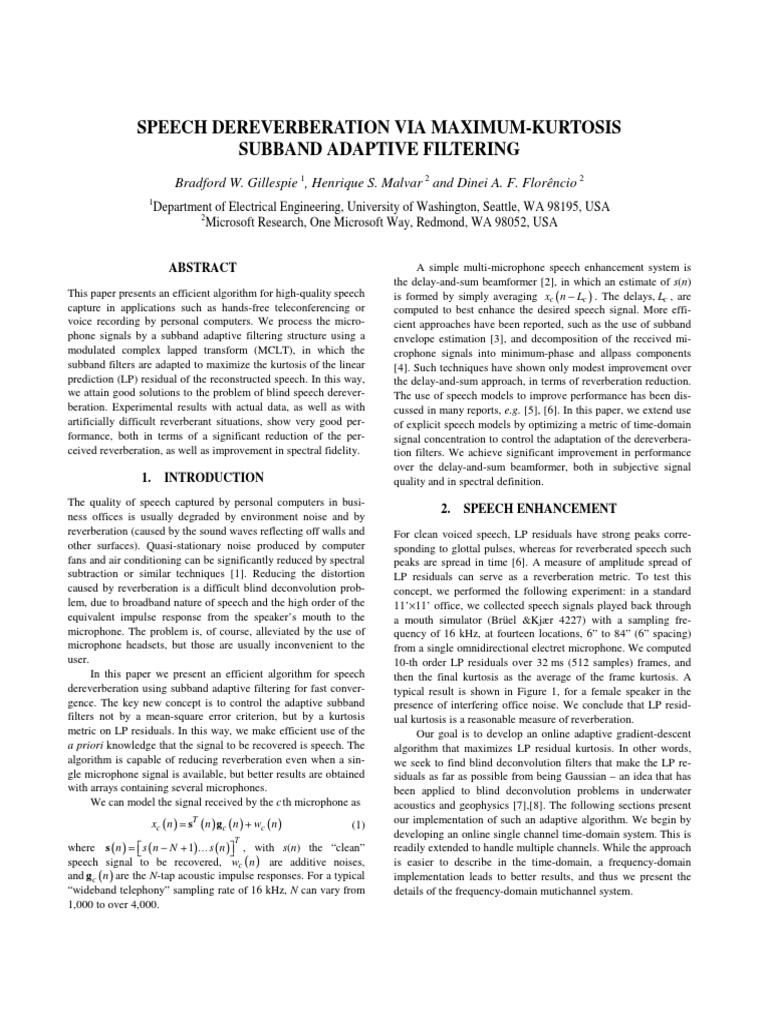 Maximizing Kurtosis of Linear Prediction Residuals for Speech Dereverberation Using Subband ...