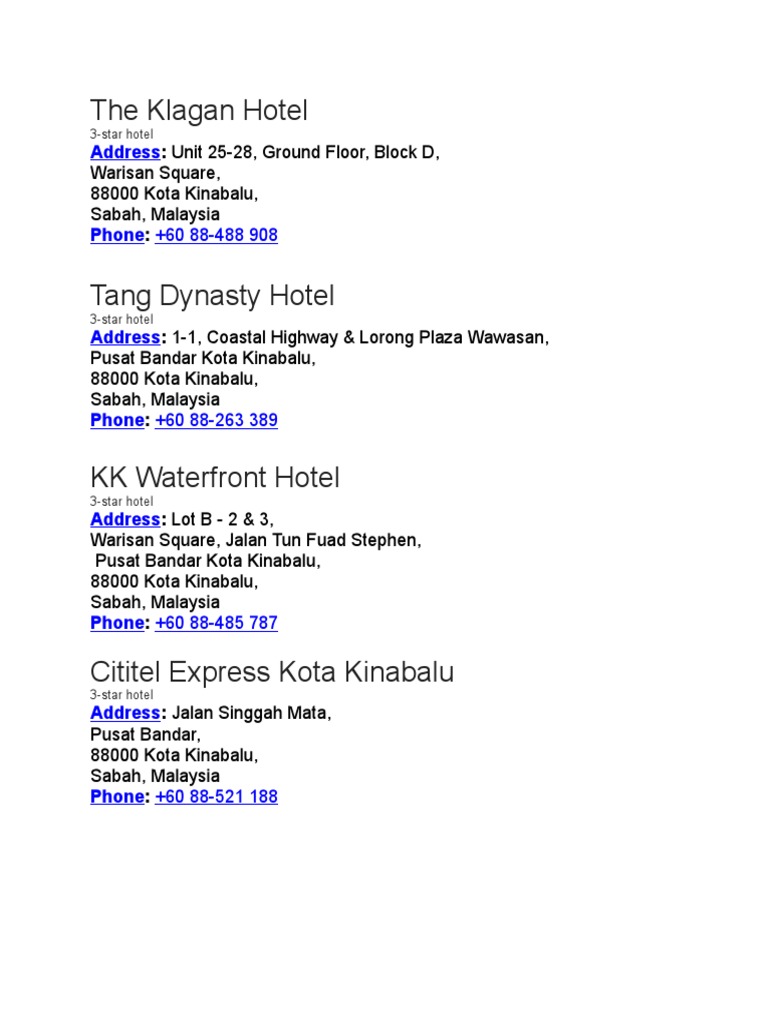 Contact Information for Four 3-Star Hotels in Kota Kinabalu, Sabah ...