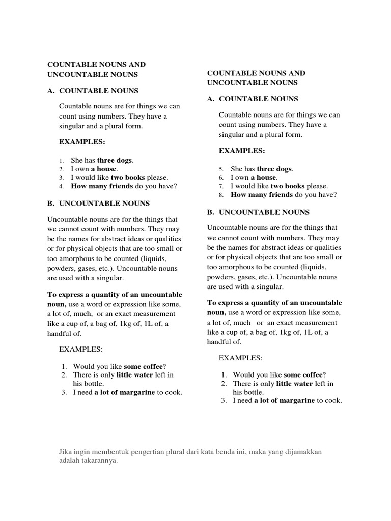 Countable Nouns And Uncountable Nouns Pdf Noun Grammatical Number