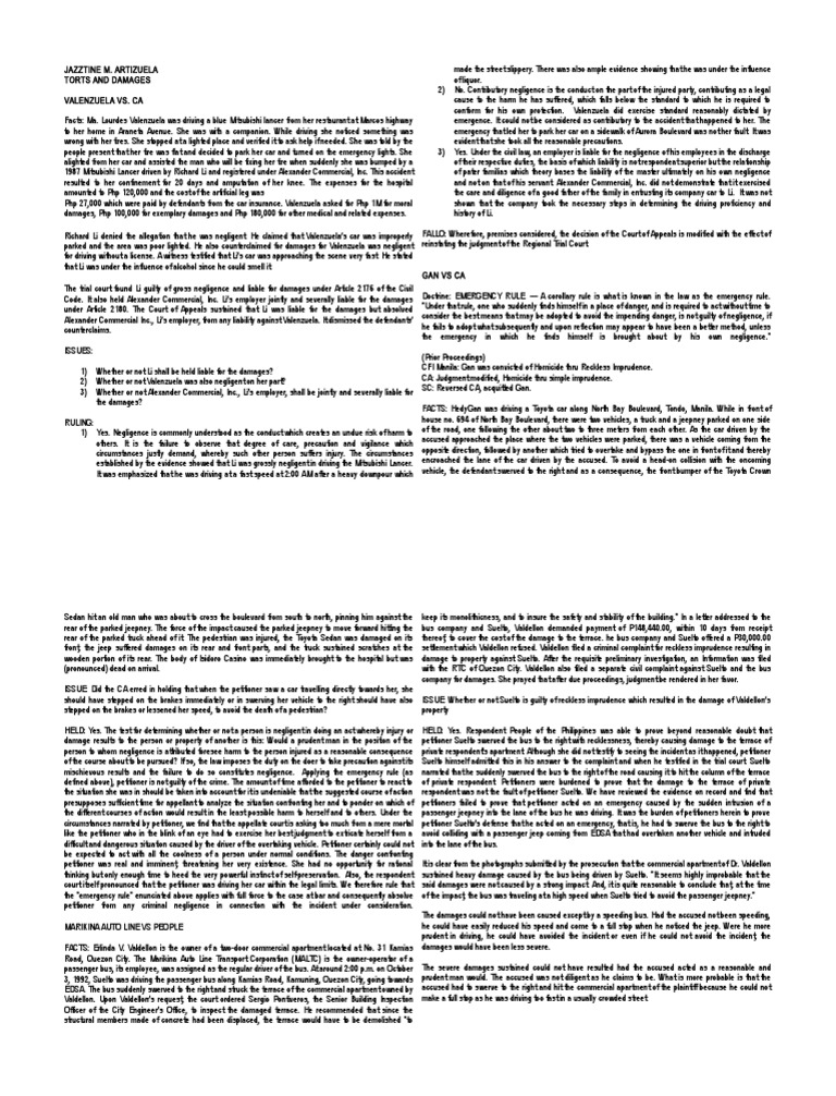 Torts and Damages Set 2 Cases | PDF | Negligence | Tort