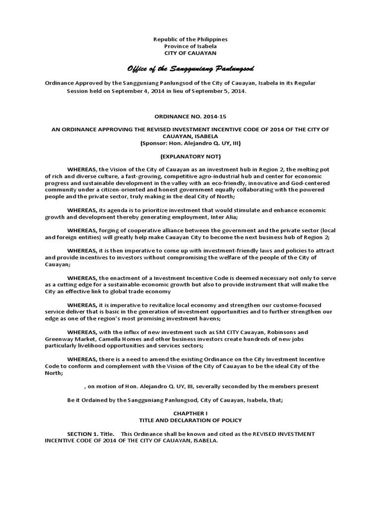 The City of CAUAYAN, IsABELA Investment Incentive Code | PDF ...