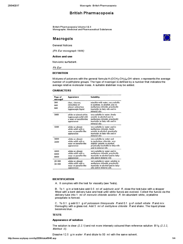 Macrogols BP | Download Free PDF | Polyethylene Glycol | Solution
