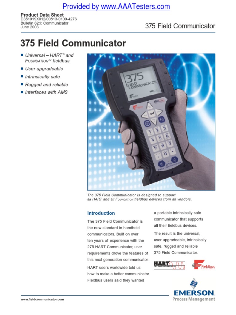 Emerson HART 375 Field Communicator Specifications Spec Sheet | Battery ...