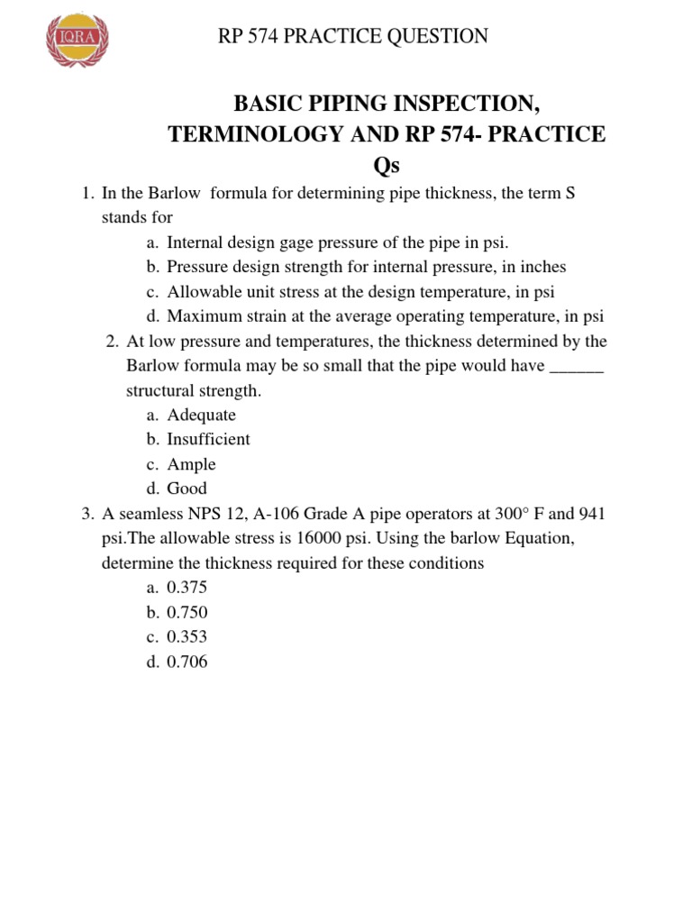 9.API 574 Practive Qns | PDF | Pipe (Fluid Conveyance) | Strength Of ...