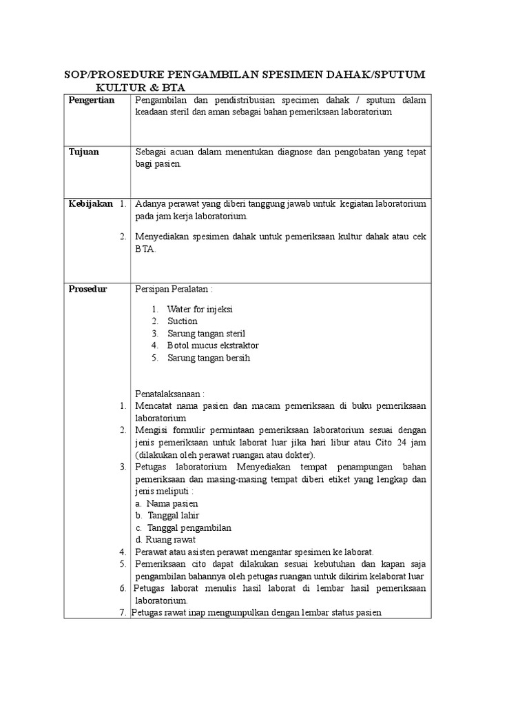 Sop Pengambilan Spesimen Dahak - Sputum Kultur & Bta | PDF