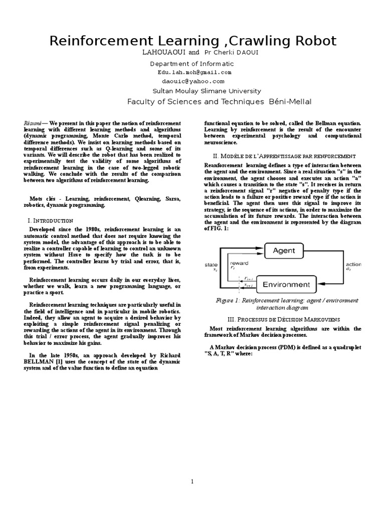 Reinforcement Learning, Crawling Robot: Faculty of Sciences and Techniques Béni-Mellal | PDF ...