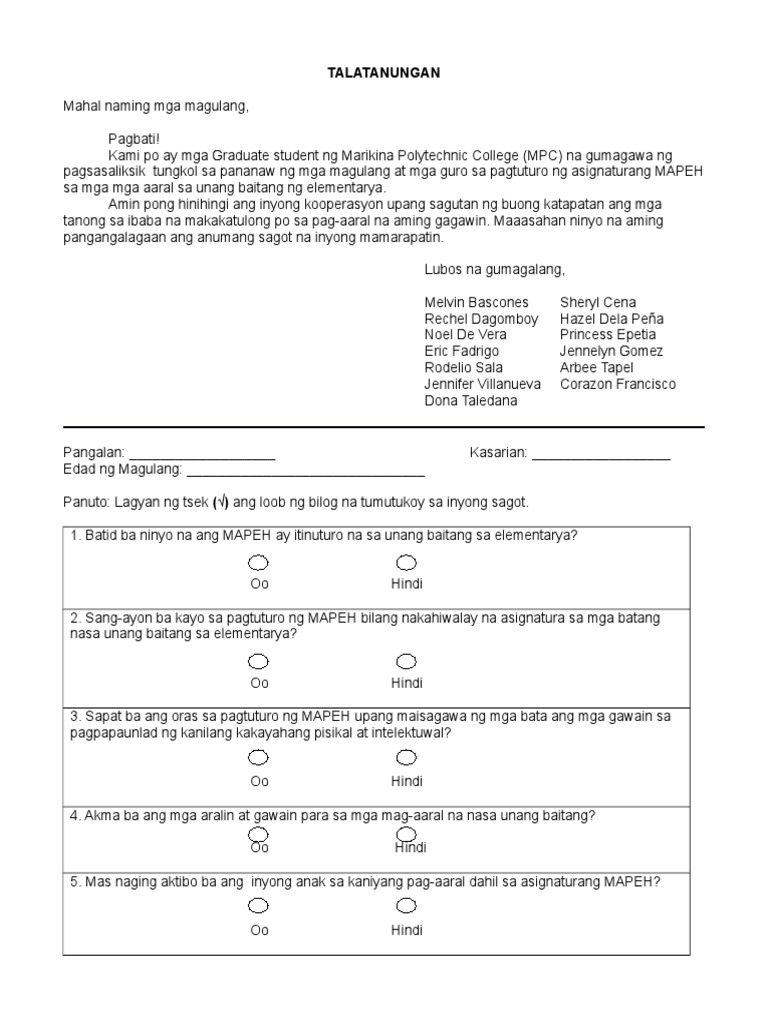 Questionnaire For Thesis | PDF