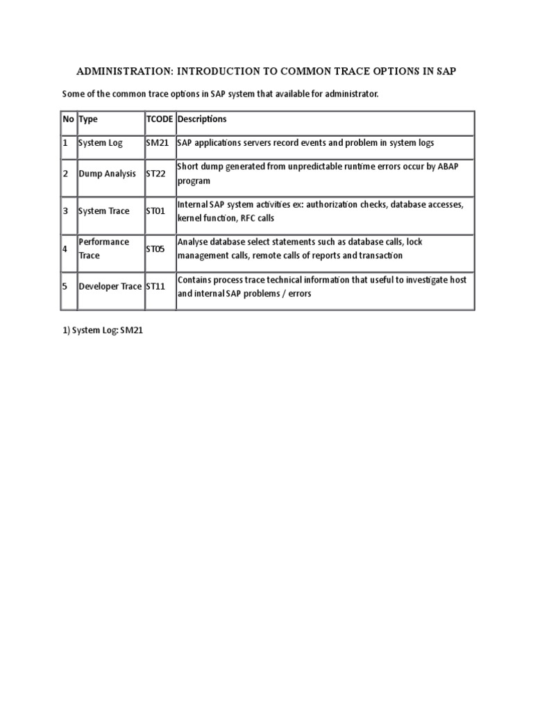 Administration Introduction To Common Trace Options in SAP | PDF