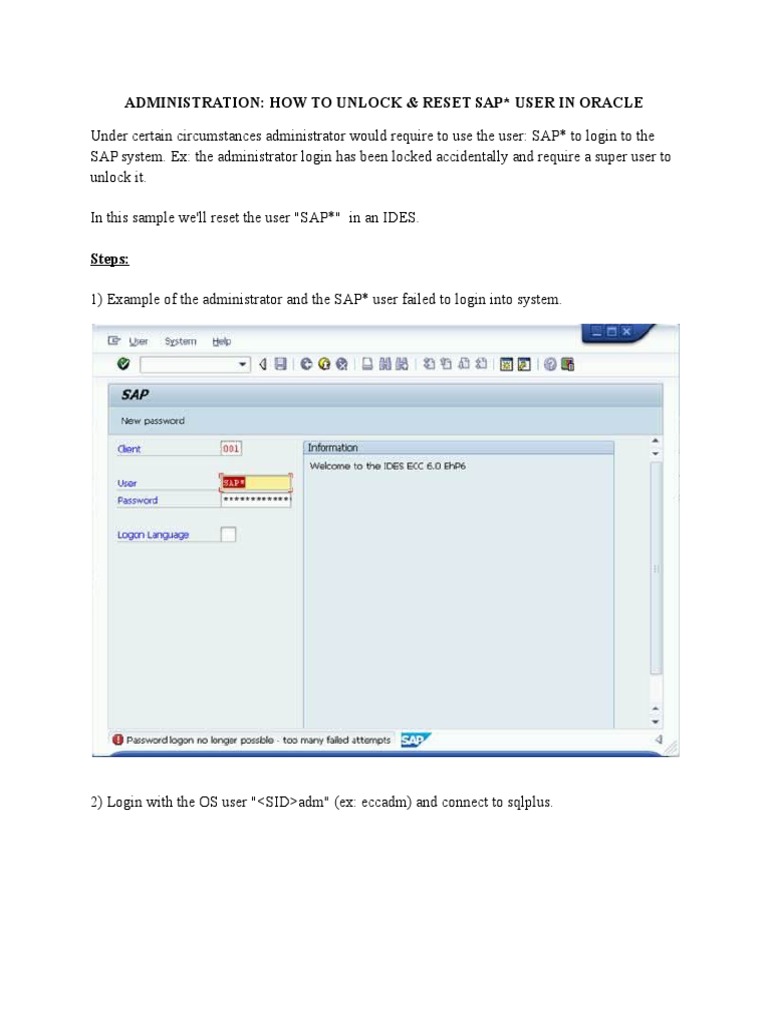 Administration How To Unlock & Reset Sap User in Oracle | PDF