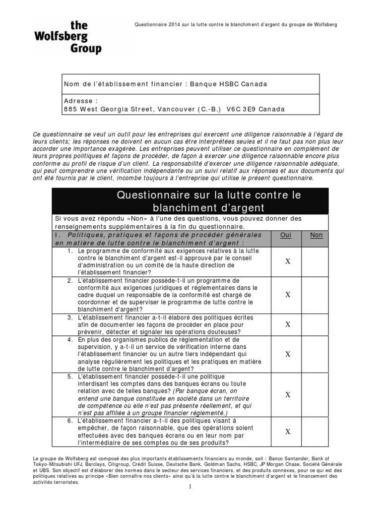 HSBC Canada Aml Questionnaire FR | PDF | Blanchiment d'argent | Citigroup