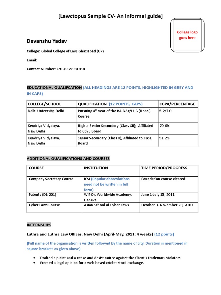 (Lawctopus Sample CV-An Informal Guide) : Educational Qualifcation ...
