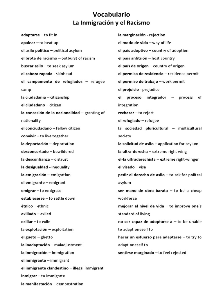 Vocabulario Inmigracion y Racismo | PDF | Refugiado | Inmigración