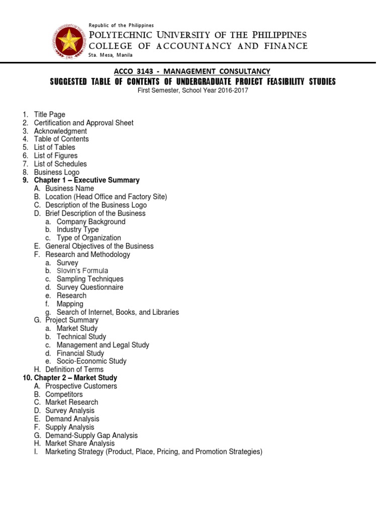 Suggested Table of Contents of Undergraduate Project Feasibility ...