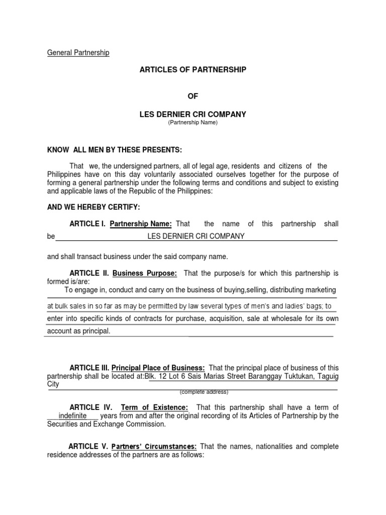 Articles of Partnership | PDF | Partnership | Sales