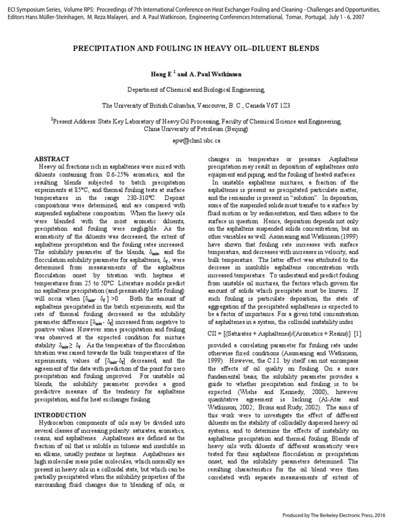 Precipitation and Fouling in Heavy Oil-Diluent Blends: Hong E and A ...