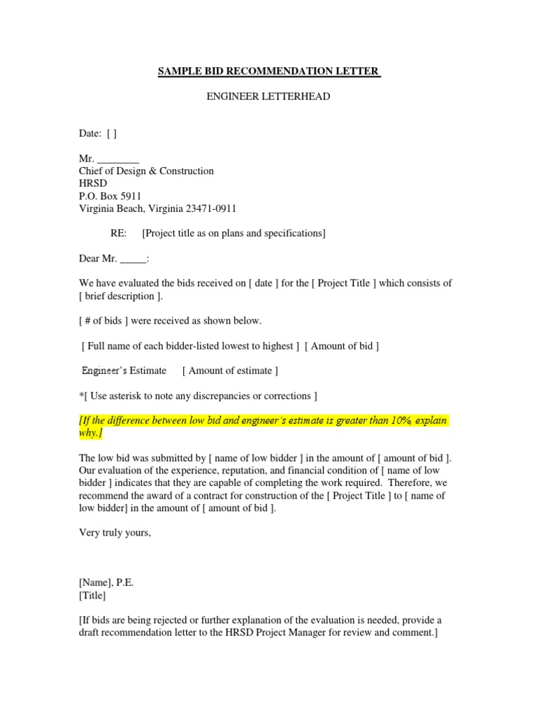 Bid Recommendation Letter Sample | PDF | Business
