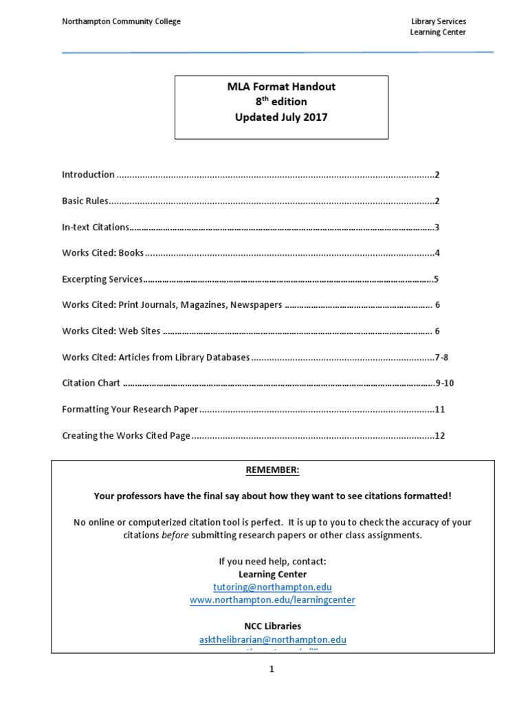 MLA Format - NCC Library Handout (New) | PDF | Digital Object ...