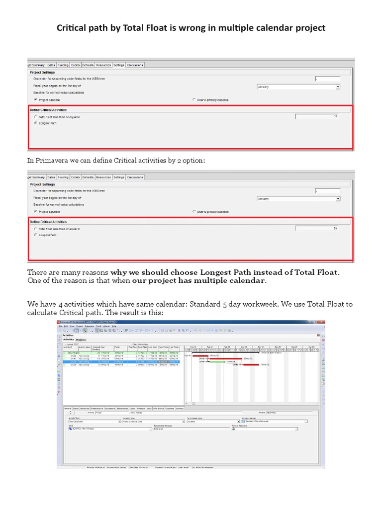 Critical Path by Total Float Is Wrong in Multiple Calendar Project | PDF
