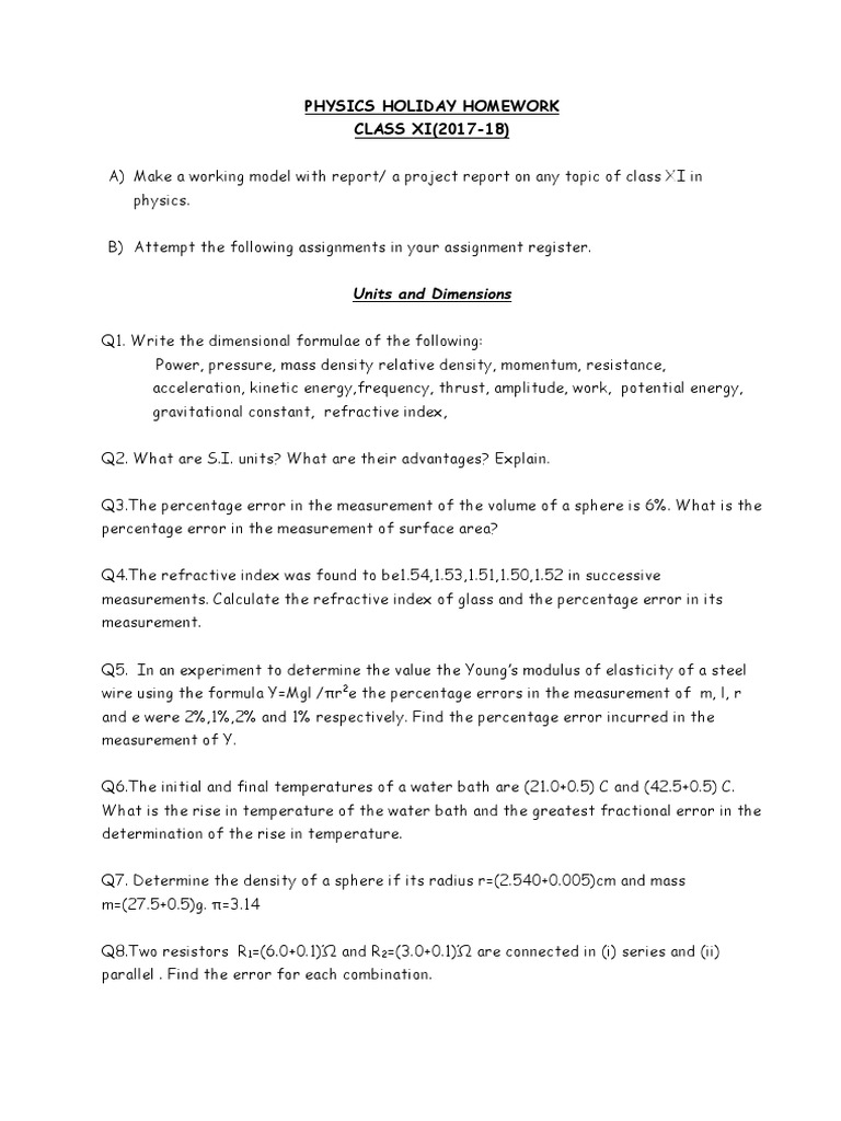 Physics Holiday Homework: A Comprehensive Assignment on Units ...