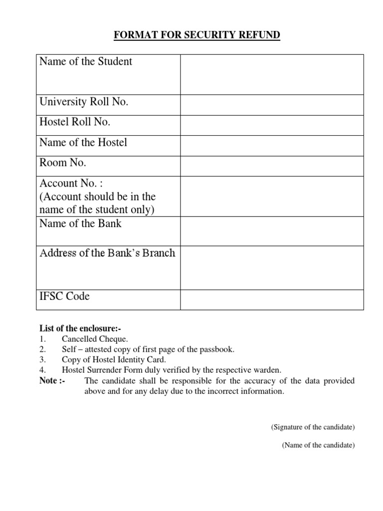 Hostel Security Refund Application Form | PDF