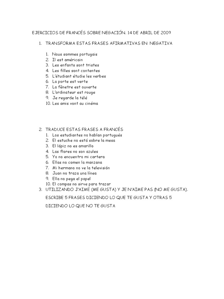 Ejercicios de Negación en Francés | PDF | Estudios de idiomas extranjeros