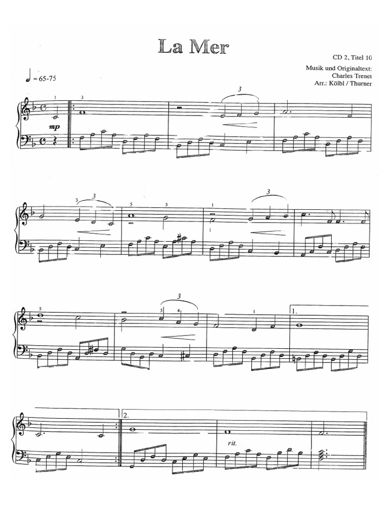 La Mer Charles Trenet Piano Sheet | PDF | Francophone Music ...