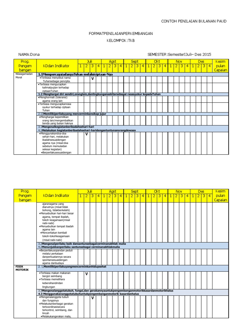 5 Contoh Penilaian Bulanan Paud | PDF