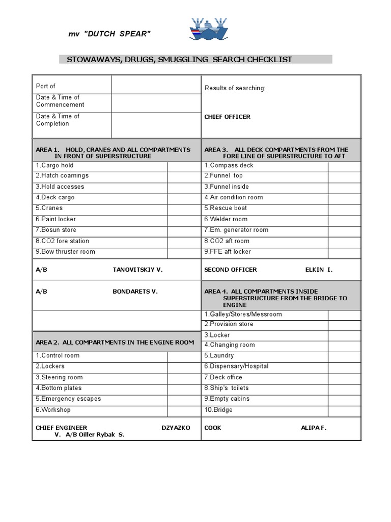 Stowaways, Drugs, Smuggling Search Checklist: MV "Dutch Spear" | PDF