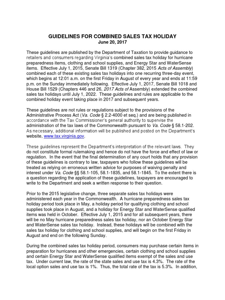Guidelines For Combined Sales Tax Holiday | PDF | Sales Taxes In The ...