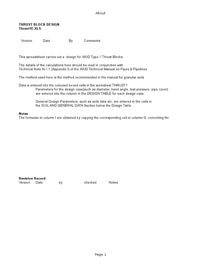Thrust Block Design Spreadsheet: Standard Thrust Block Type 1 Calculations | PDF | Spreadsheet ...
