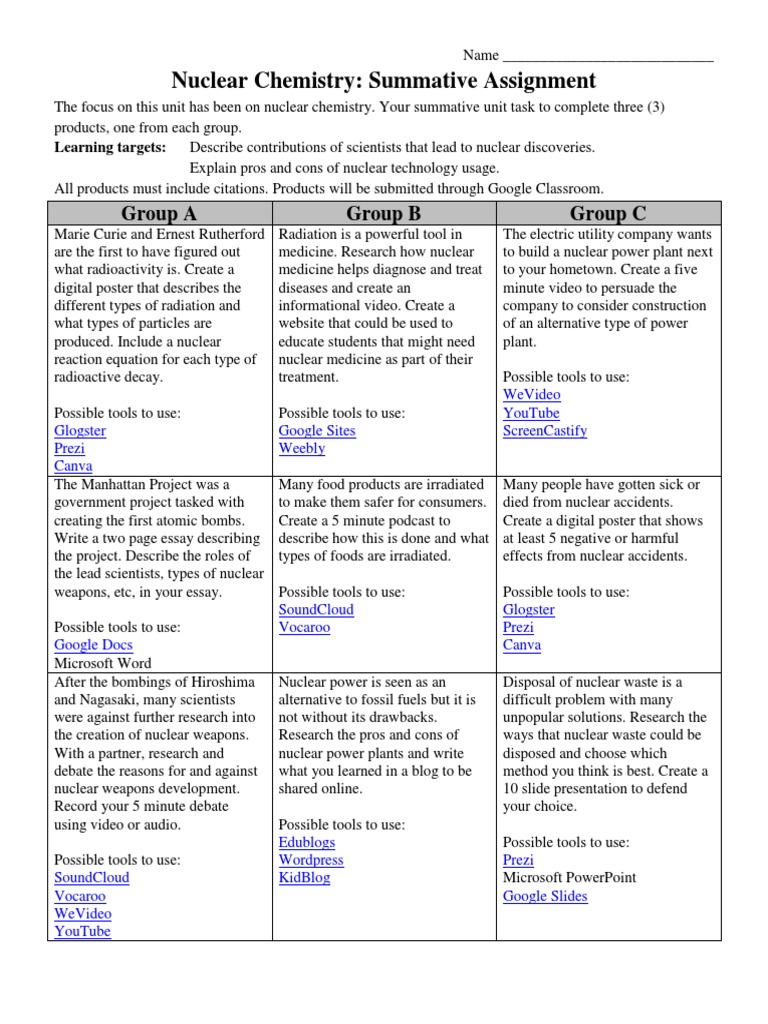 Nuclear Chemistry Assignment Guide | PDF | Nuclear Weapons | Radiation
