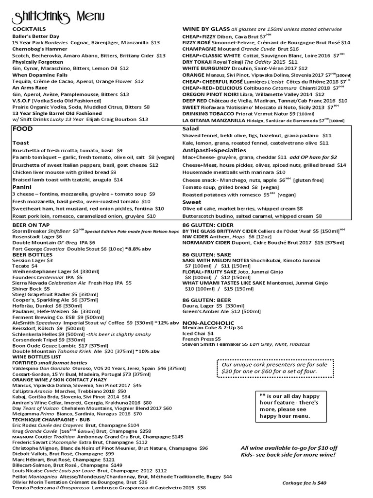 Shift Drinks Food and Drink Menu Online Version Subject To Change | PDF ...
