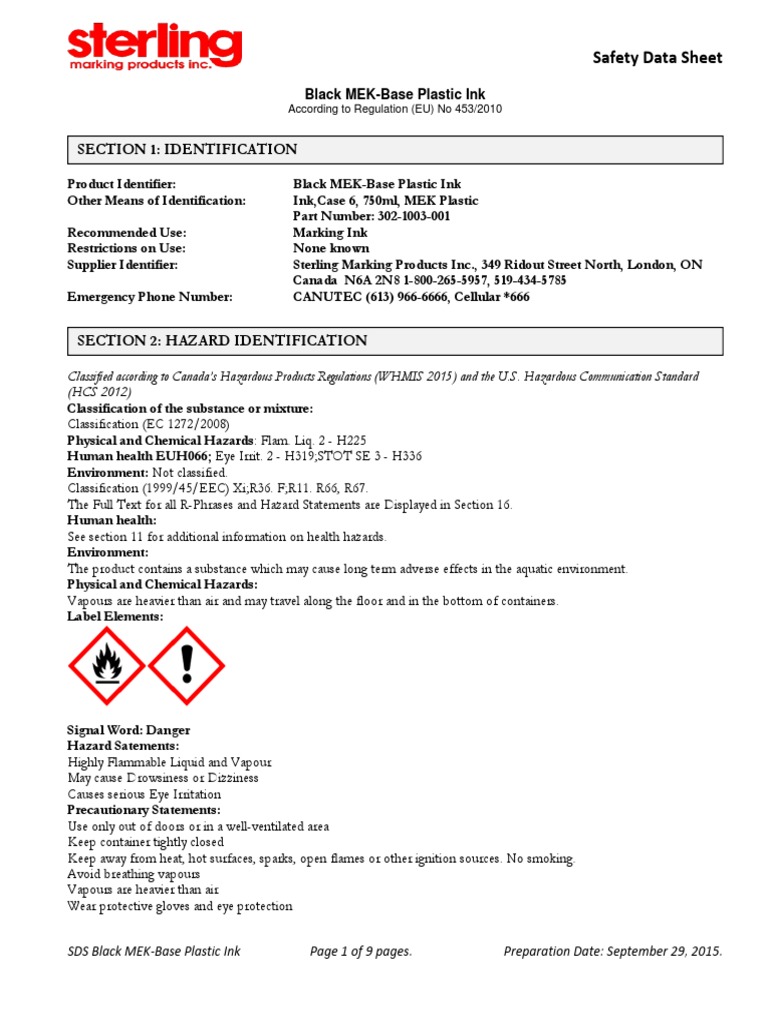 Black Plastic MEK Ink Part No 302-1003-001 - TINTA | PDF | Dangerous ...