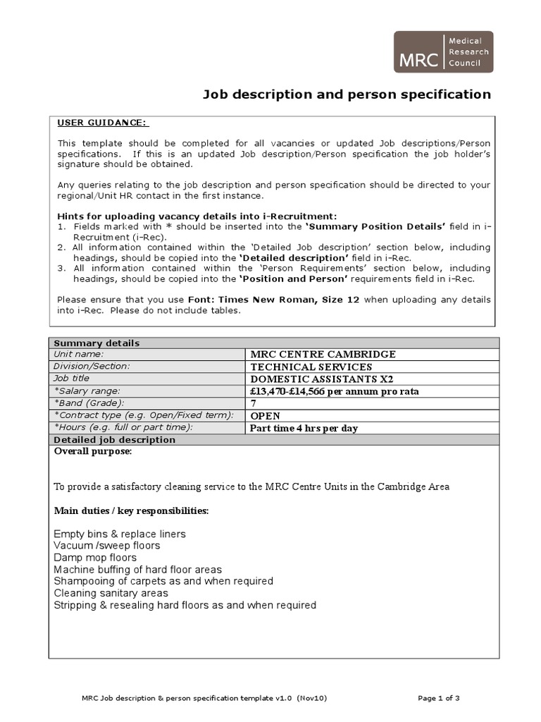 Job Description & Person Specification - IRC25351 | PDF | Employee ...